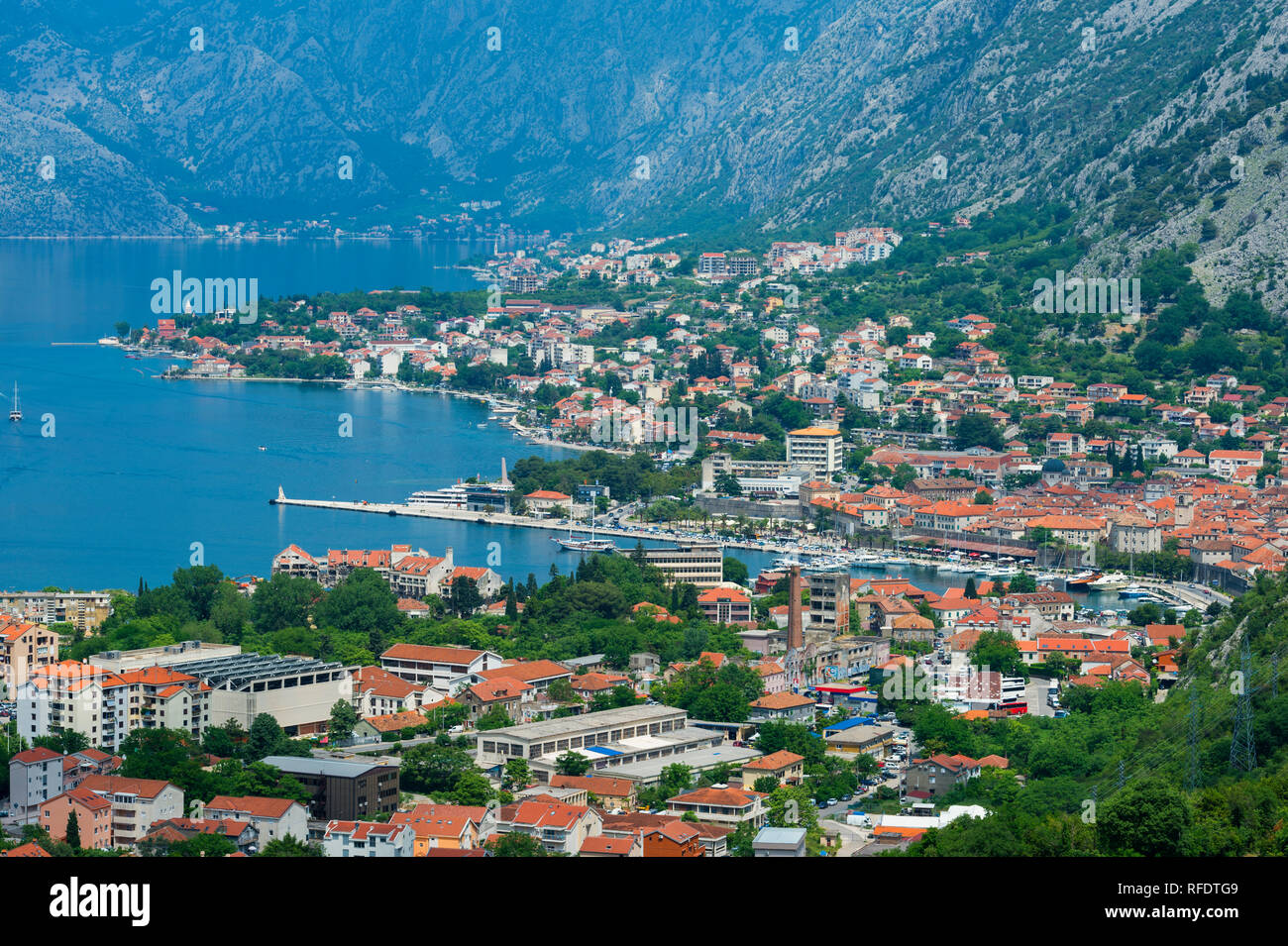 Aerial view over Kotor and Kotor Bay surrounded by mountains, Unesco ...