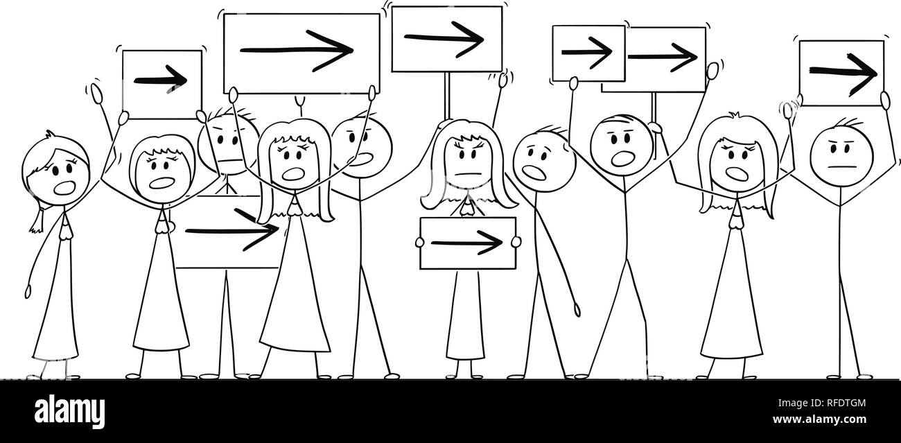 Cartoon Drawing of Group of People Protesting With Arrow Signs Pointing ...