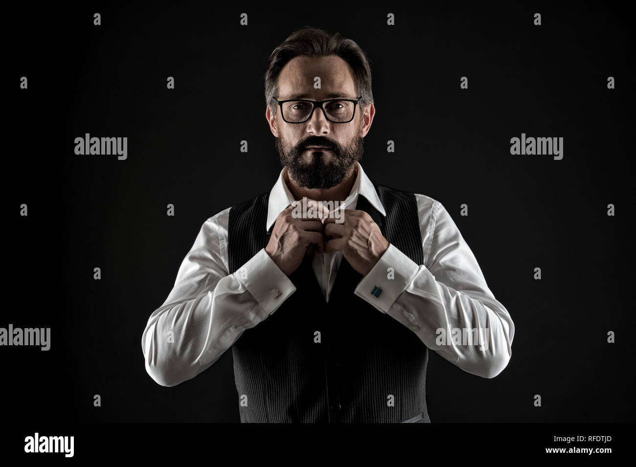 Perfect to last detail. Man well groomed unbuttoned white collar ...