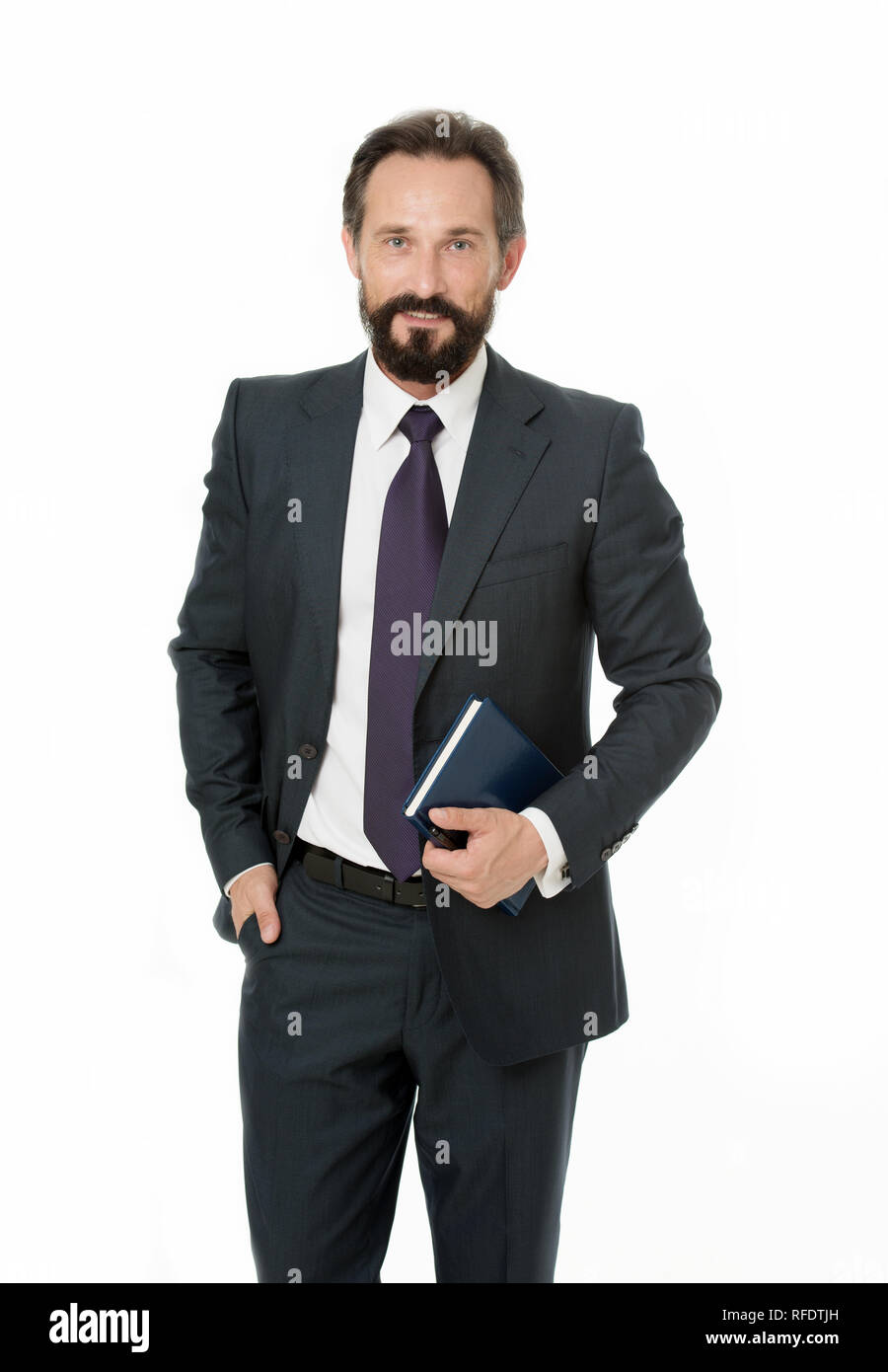Well organized. Businessman planning schedule hold notepad. Man bearded ...