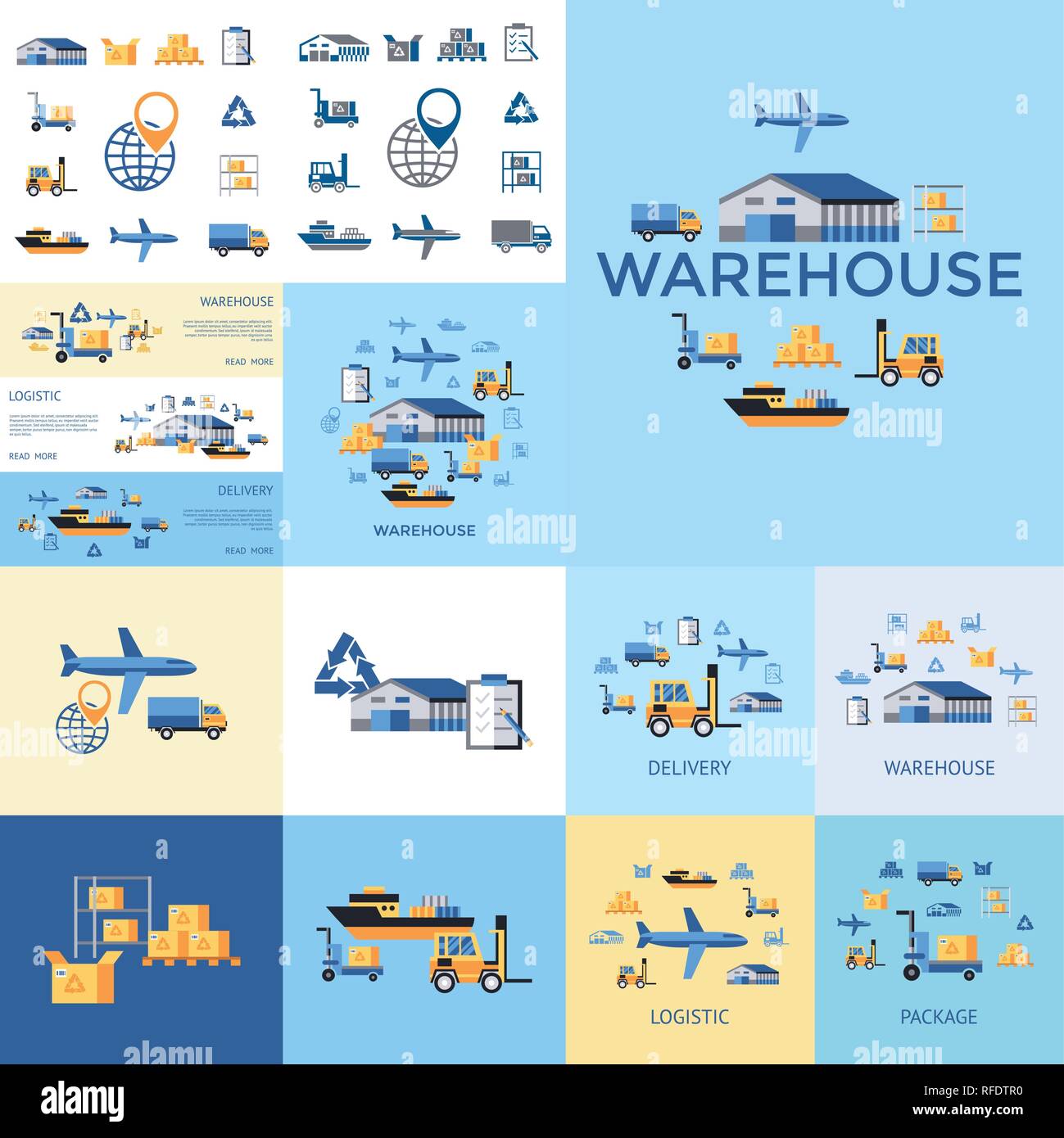 Digital vector yellow blue warehouse icons with drawn simple line art ...