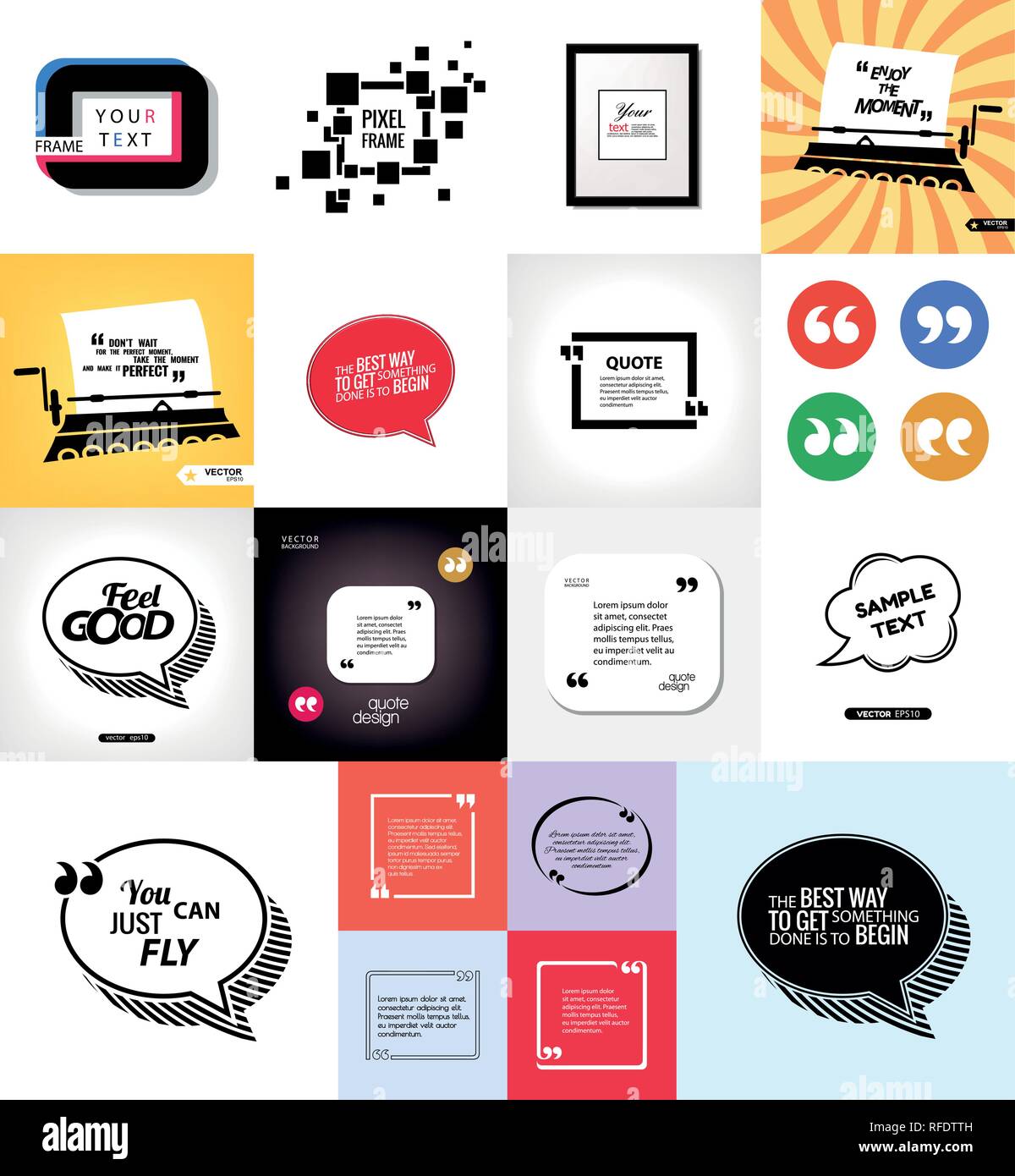 Digital vector black quote frames box blank template with print ...