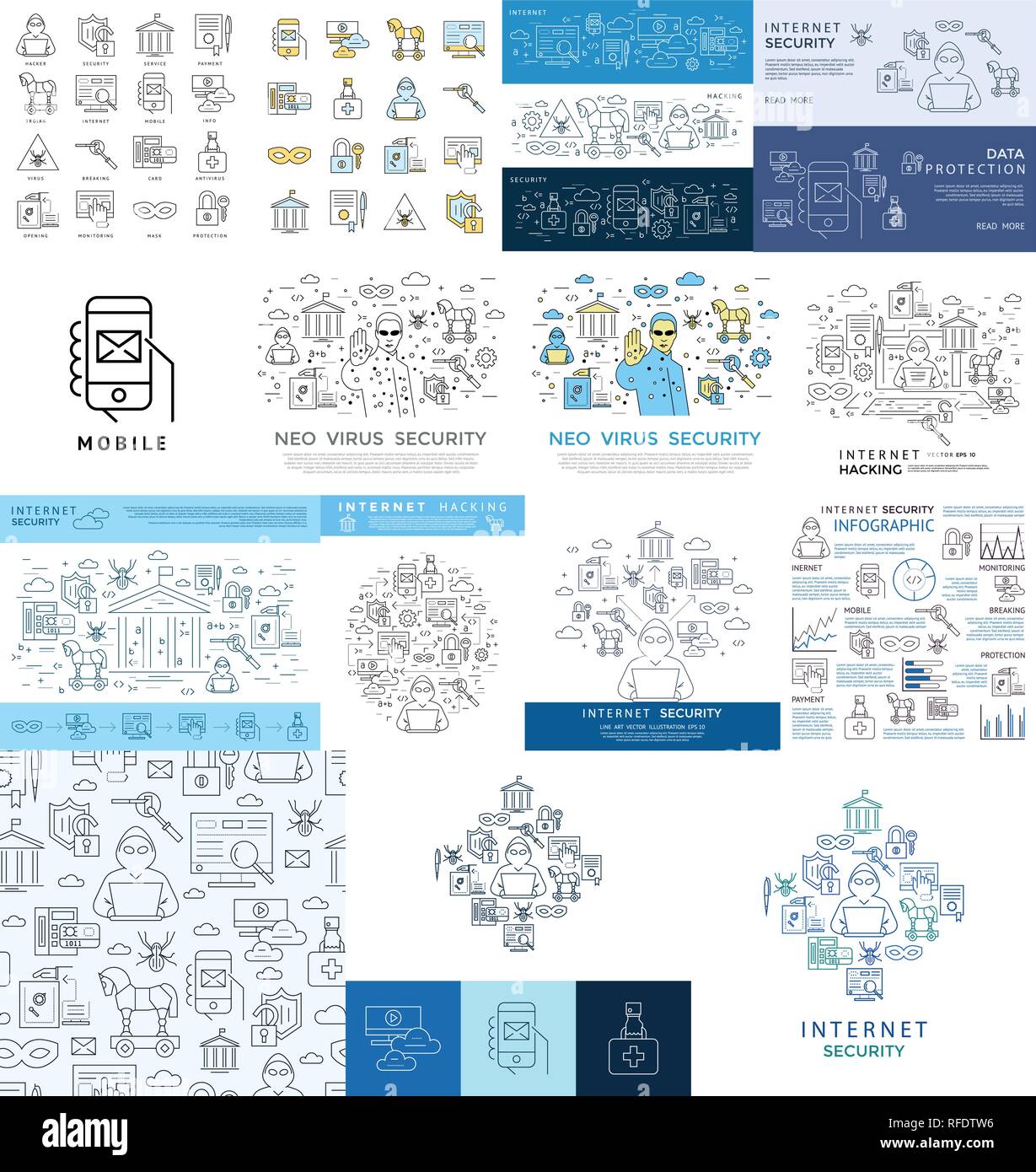 Digital vector blue internet security data protection icons set drawn ...