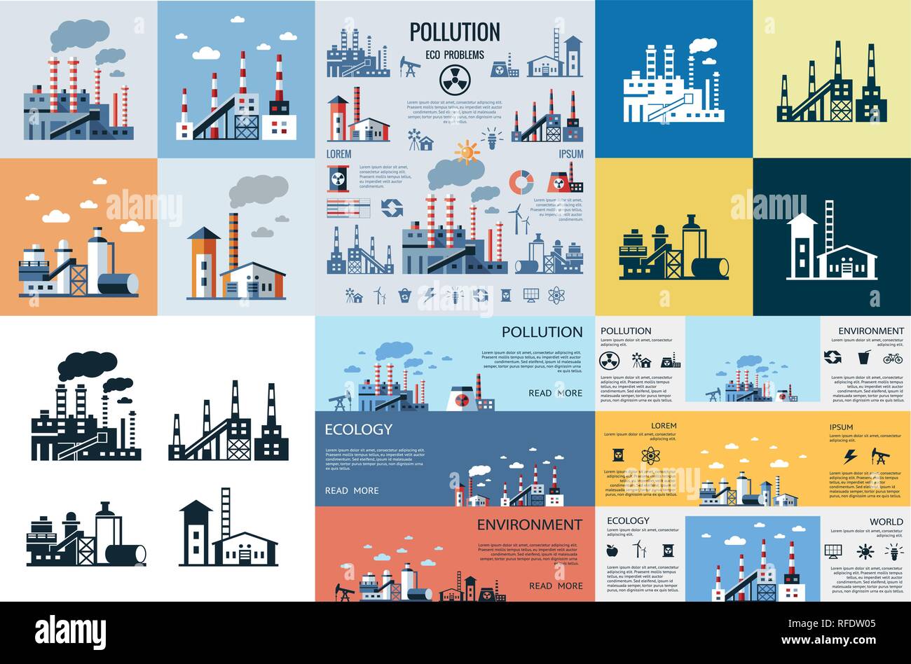 Digital vector blue factory pollution icons with drawn simple line art ...