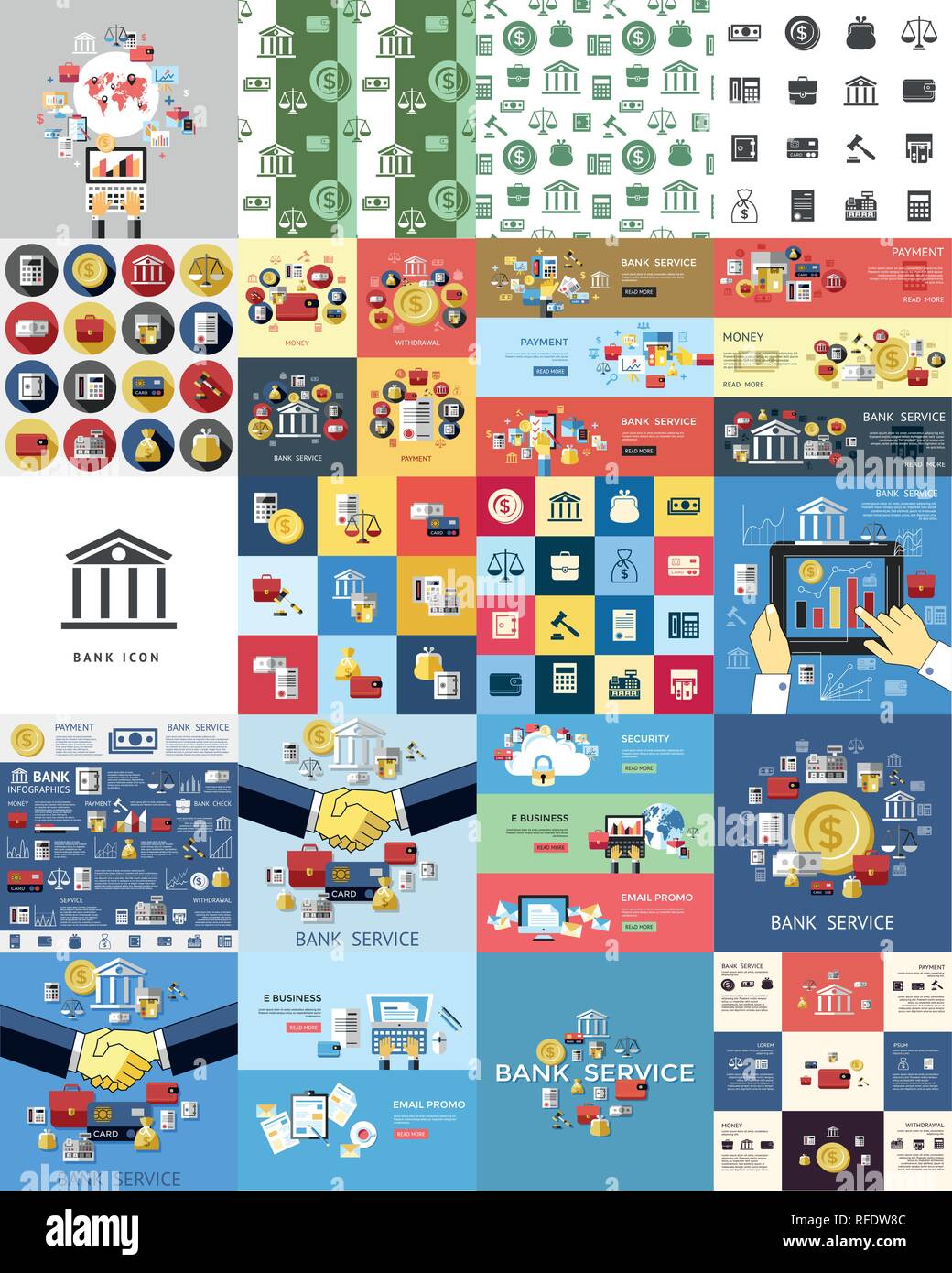 Digital vector blue business icons with drawn simple line art info ...