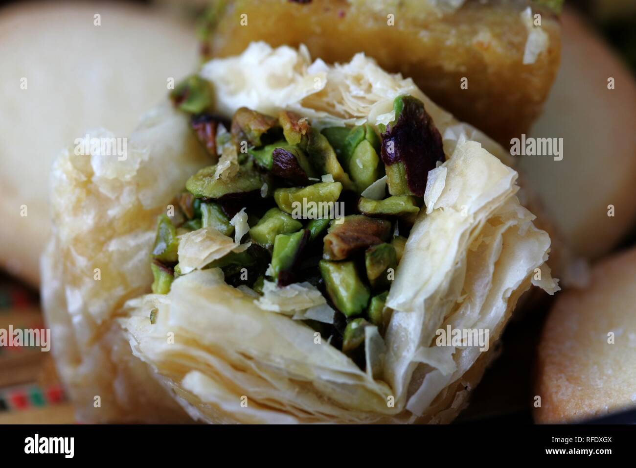 JOR, Jordan, Amman: Typical arabic sweets, pistachio, allmonds wraped ...