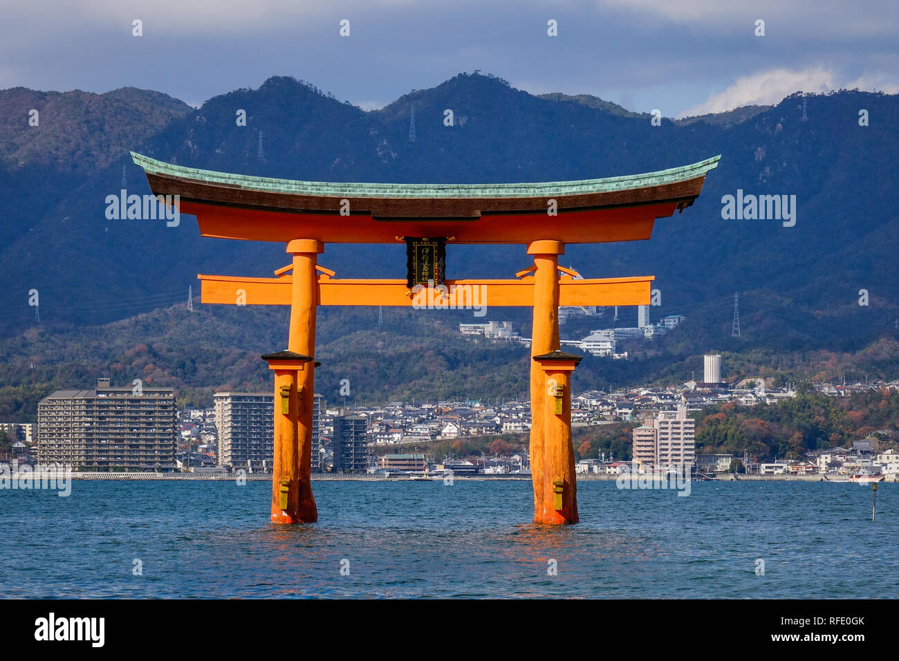 View of floating gate (Giant Torii) of Itsukushima Shrine on sea in ...