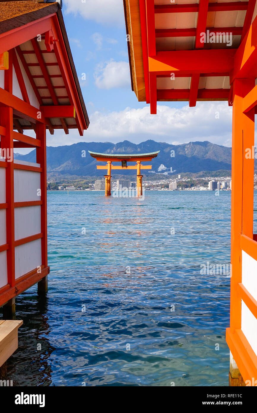 View of floating gate (Giant Torii) of Itsukushima Shrine on sea in ...