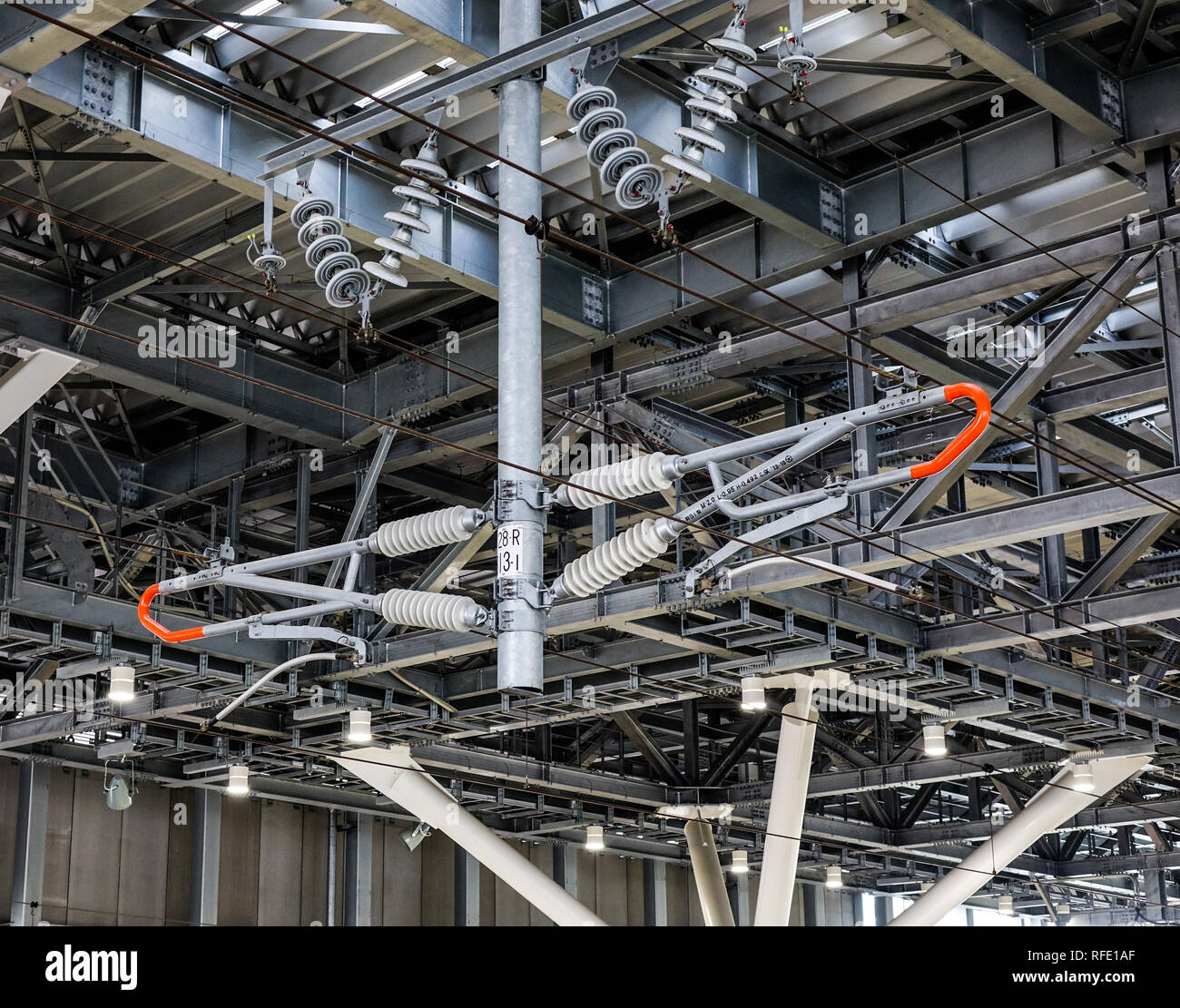 Pantograph of a train on electric line at railway station in Osaka ...