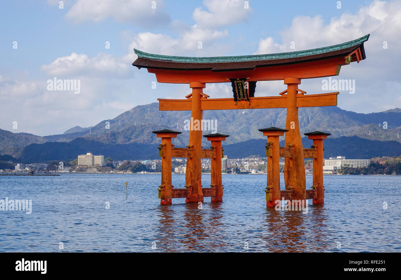View of floating gate (Giant Torii) of Itsukushima Shrine on sea in ...