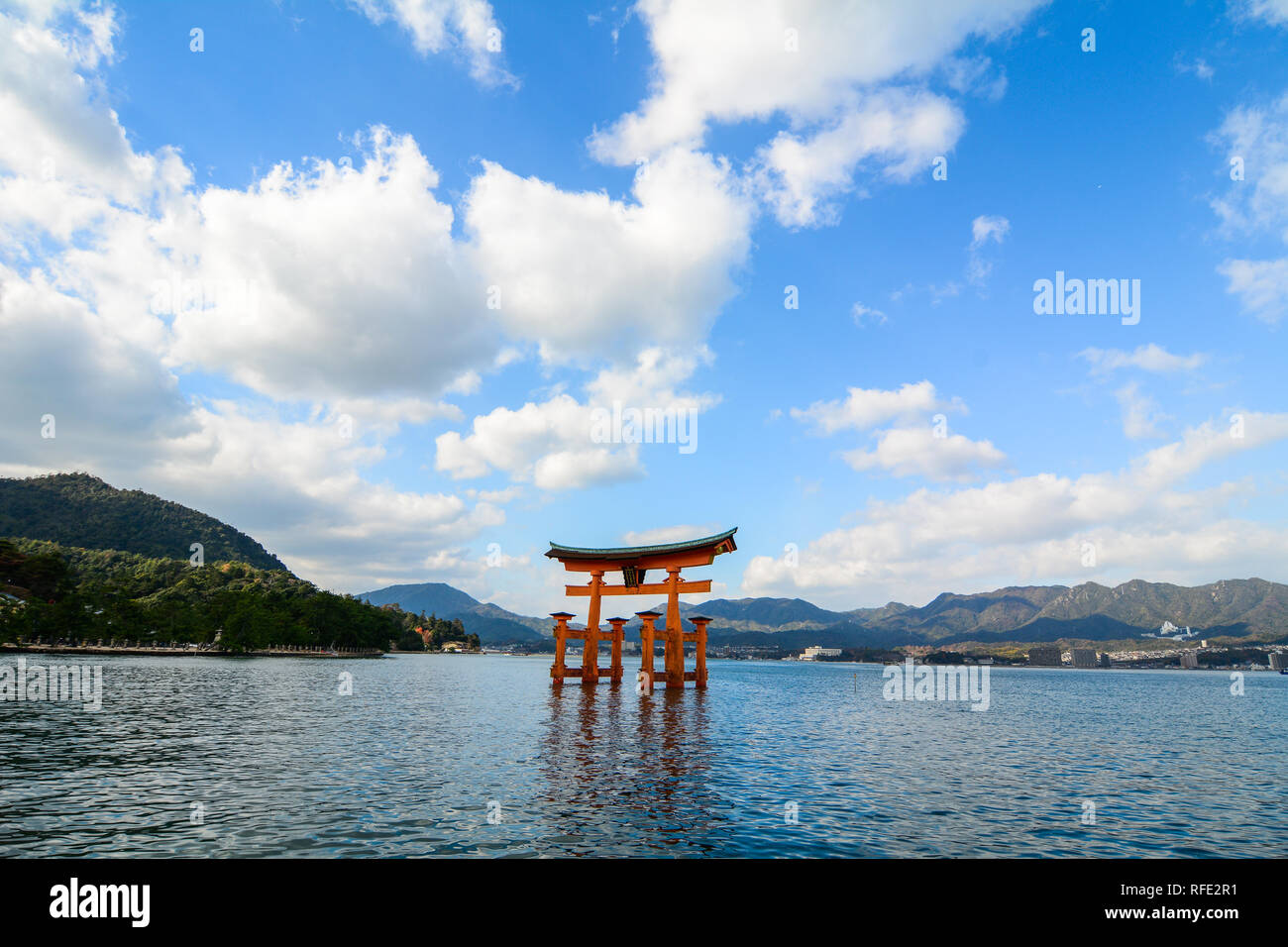 View of floating gate (Giant Torii) of Itsukushima Shrine on sea in ...