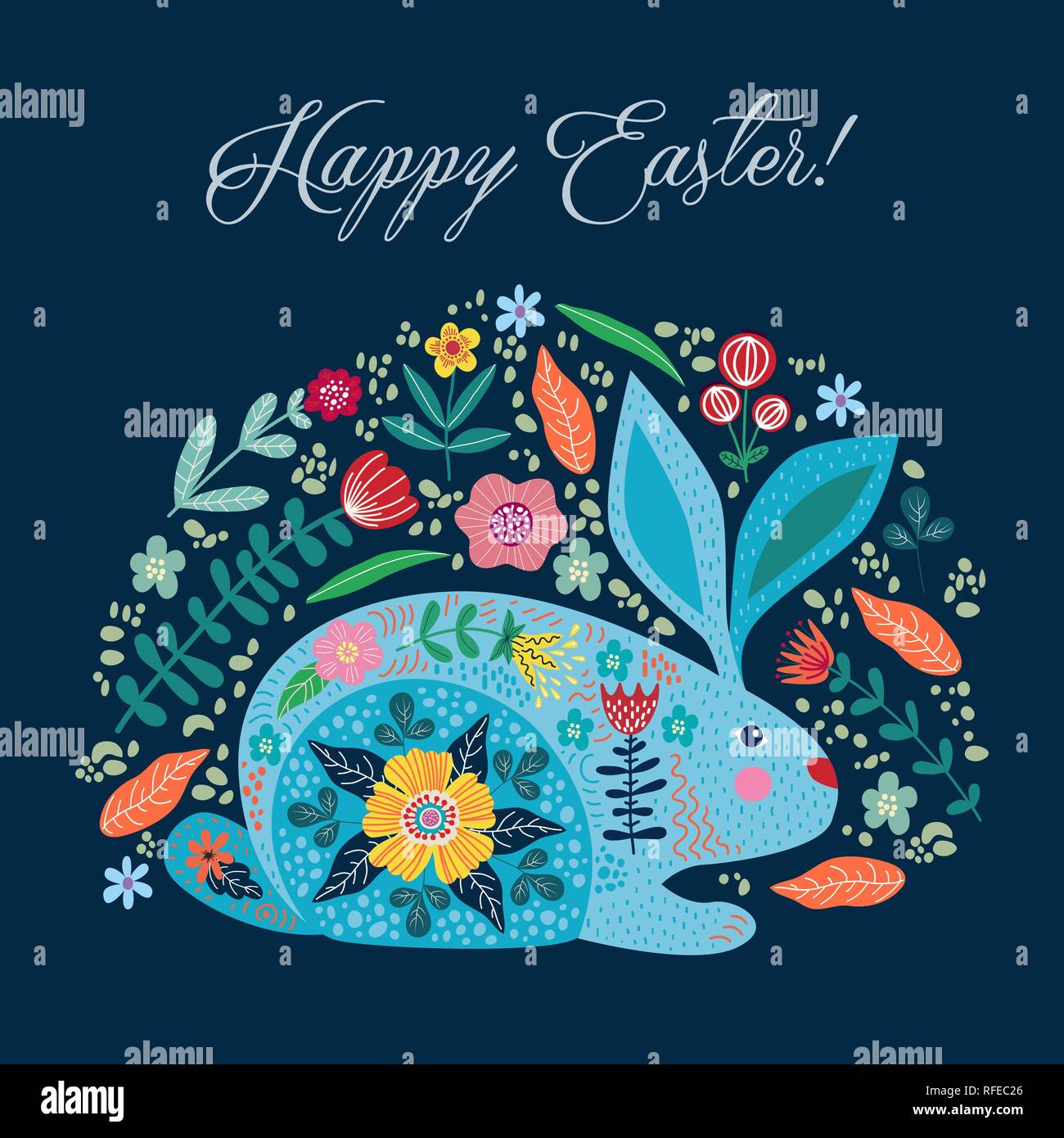 Happy Easter. Cartoon cute folk rabbit with flowers and text. Vector ...