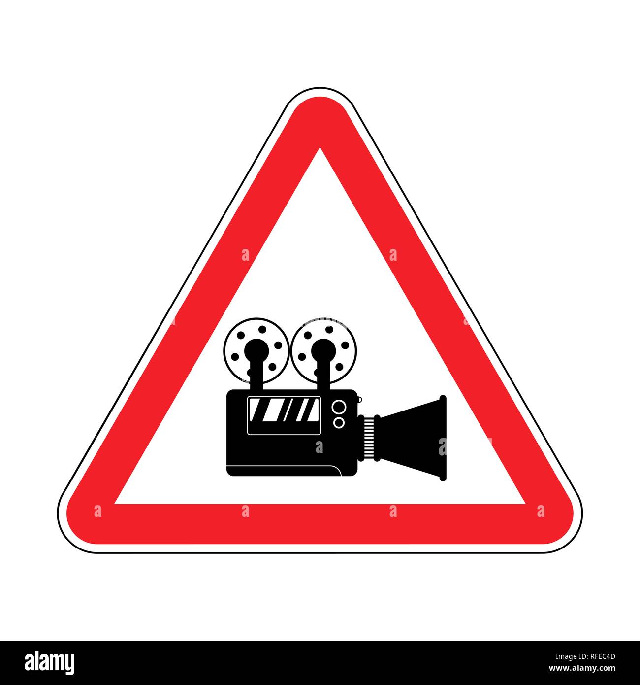 Attention video filming. Caution video fixing. Red road triangle sign ...