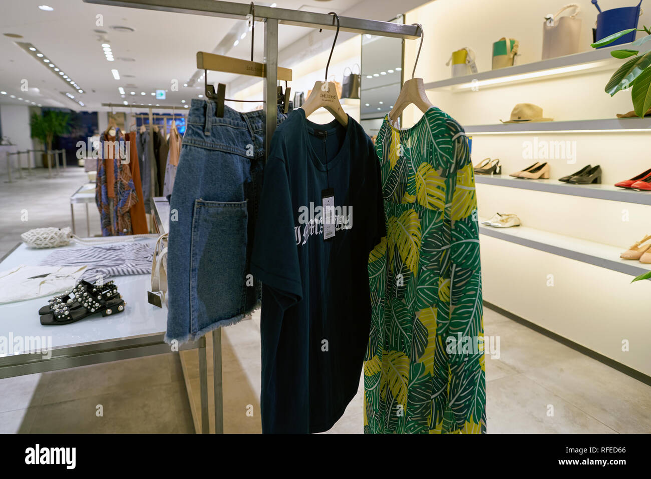 SEOUL, SOUTH KOREA - CIRCA MAY, 2017: clothing on display at a store in ...