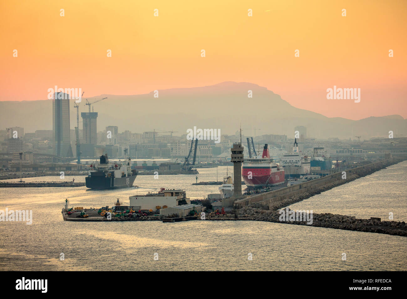 France, Marseille, Port, harbour, sunrise. cargo ships Stock Photo - Alamy