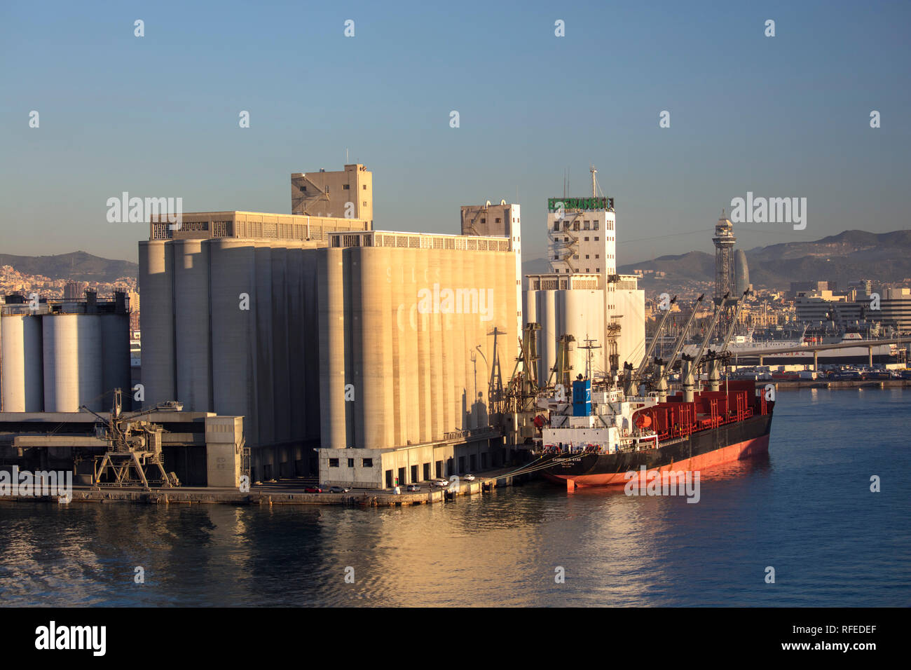 Spain, Barcelona, Port, harbour. Grain silos. Grain storage Stock Photo ...