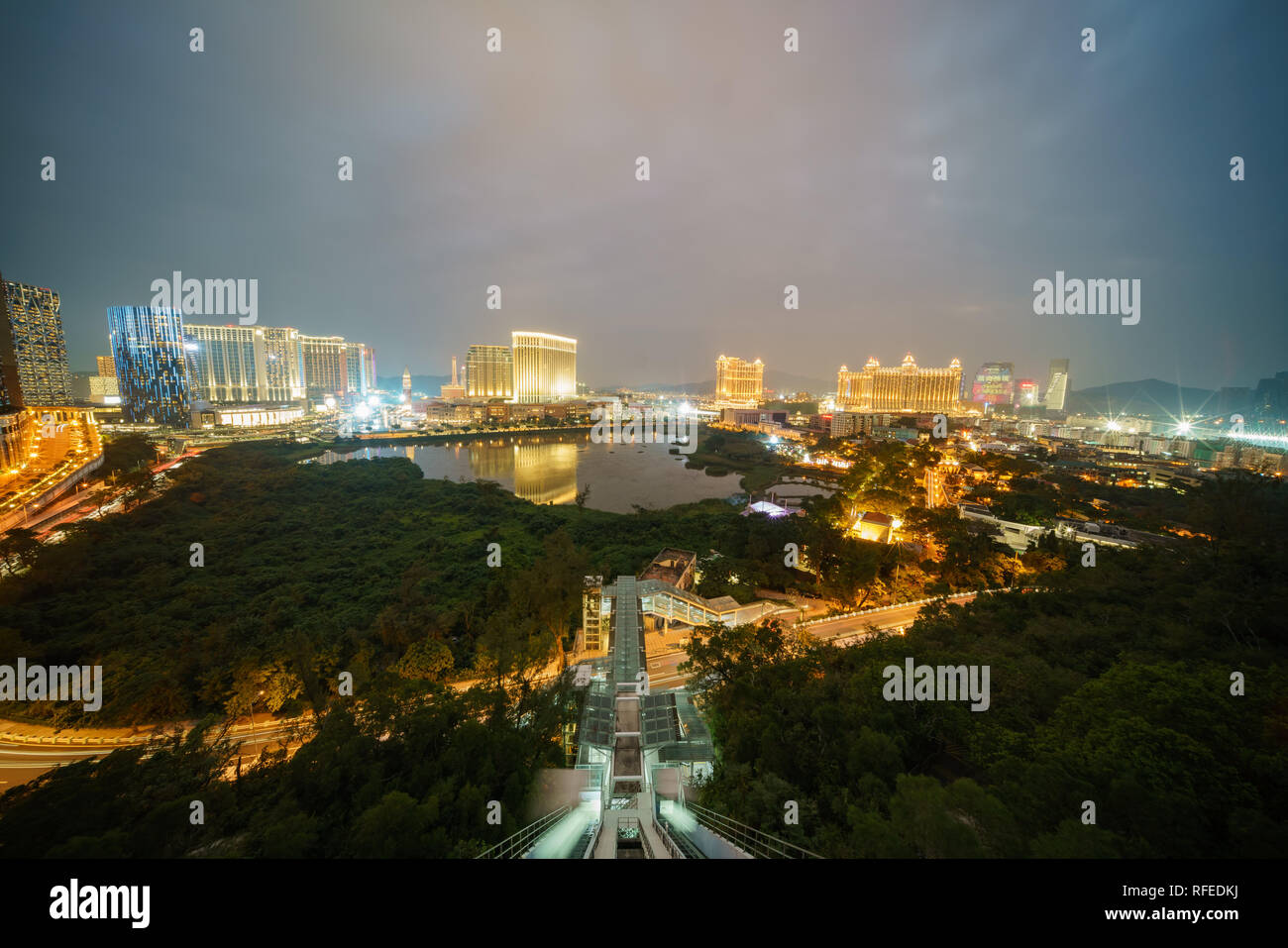 Night aerial view of the Venetian Macao with the inclined lift from the ...