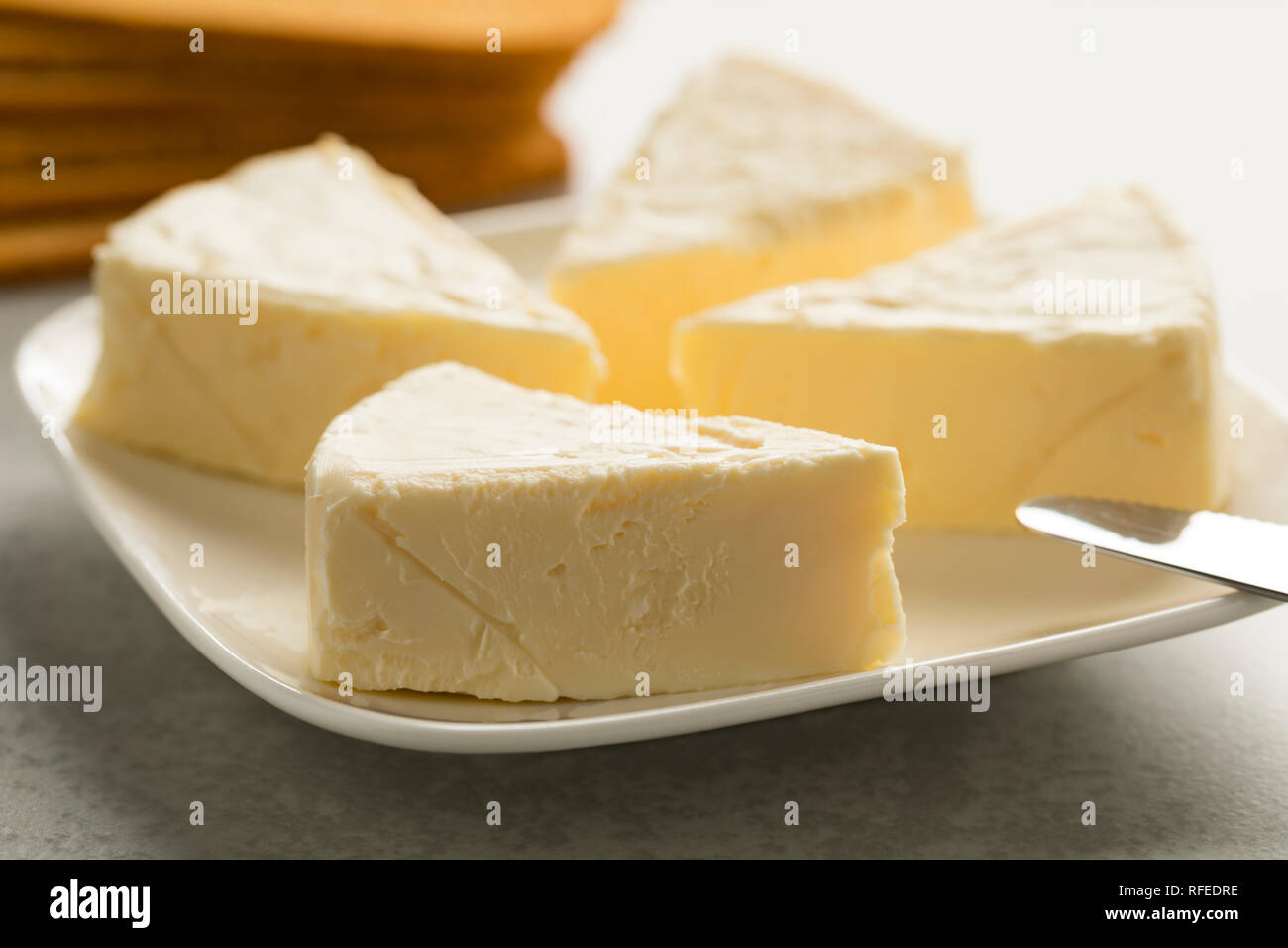 Dish with traditional soft Dutch cheese spread for a sandwich or a ...