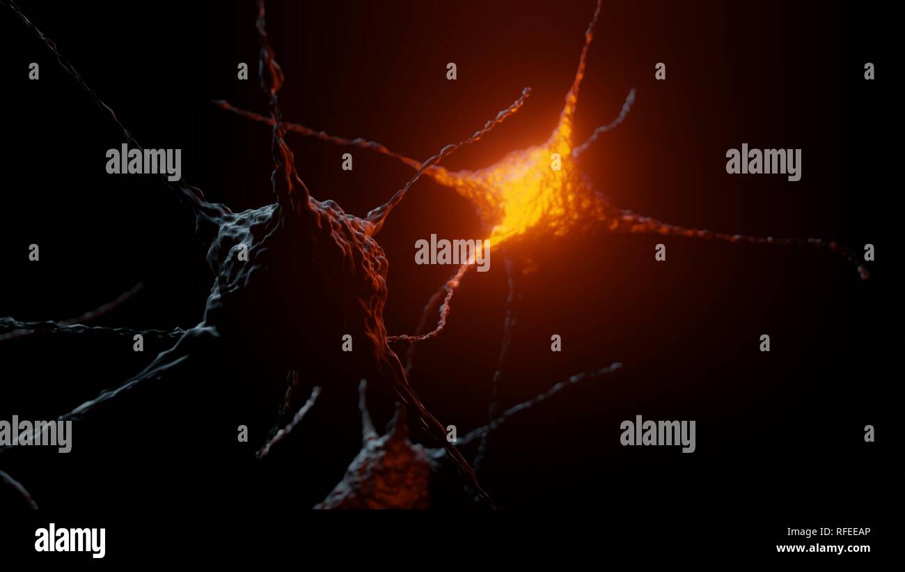 Neurons abstract dark background with red flares Stock Photo - Alamy