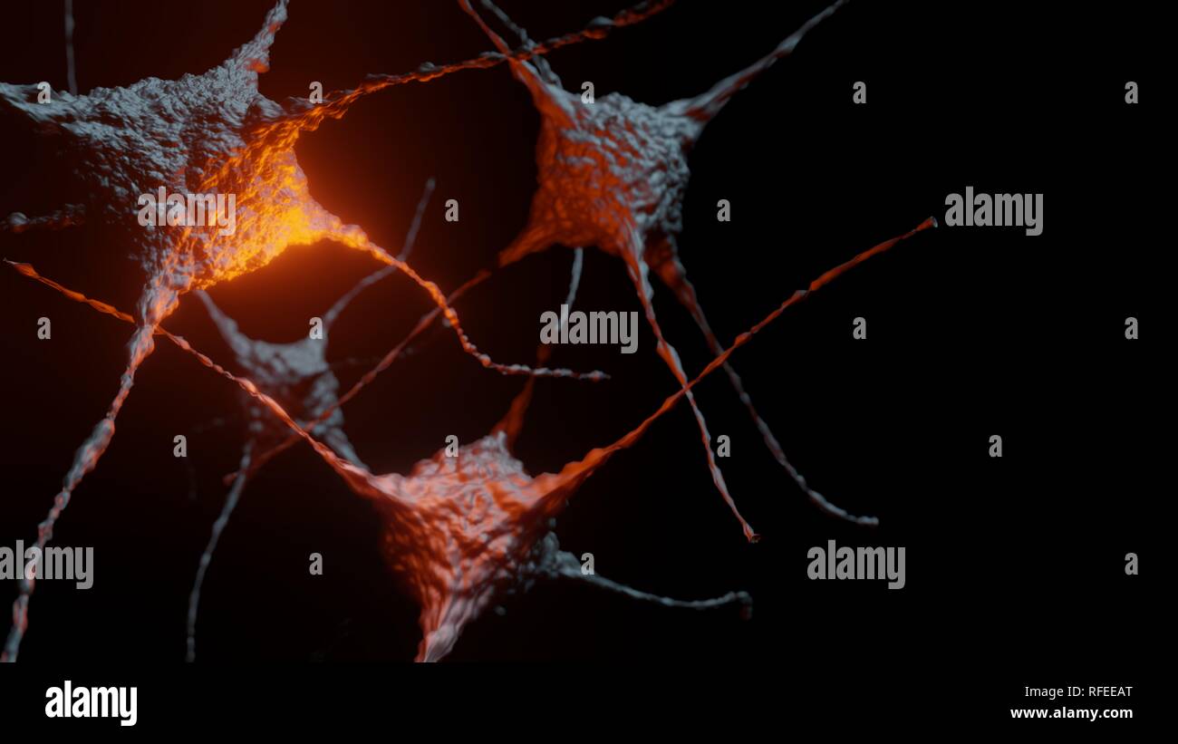 Neurons abstract dark background with red flares Stock Photo - Alamy