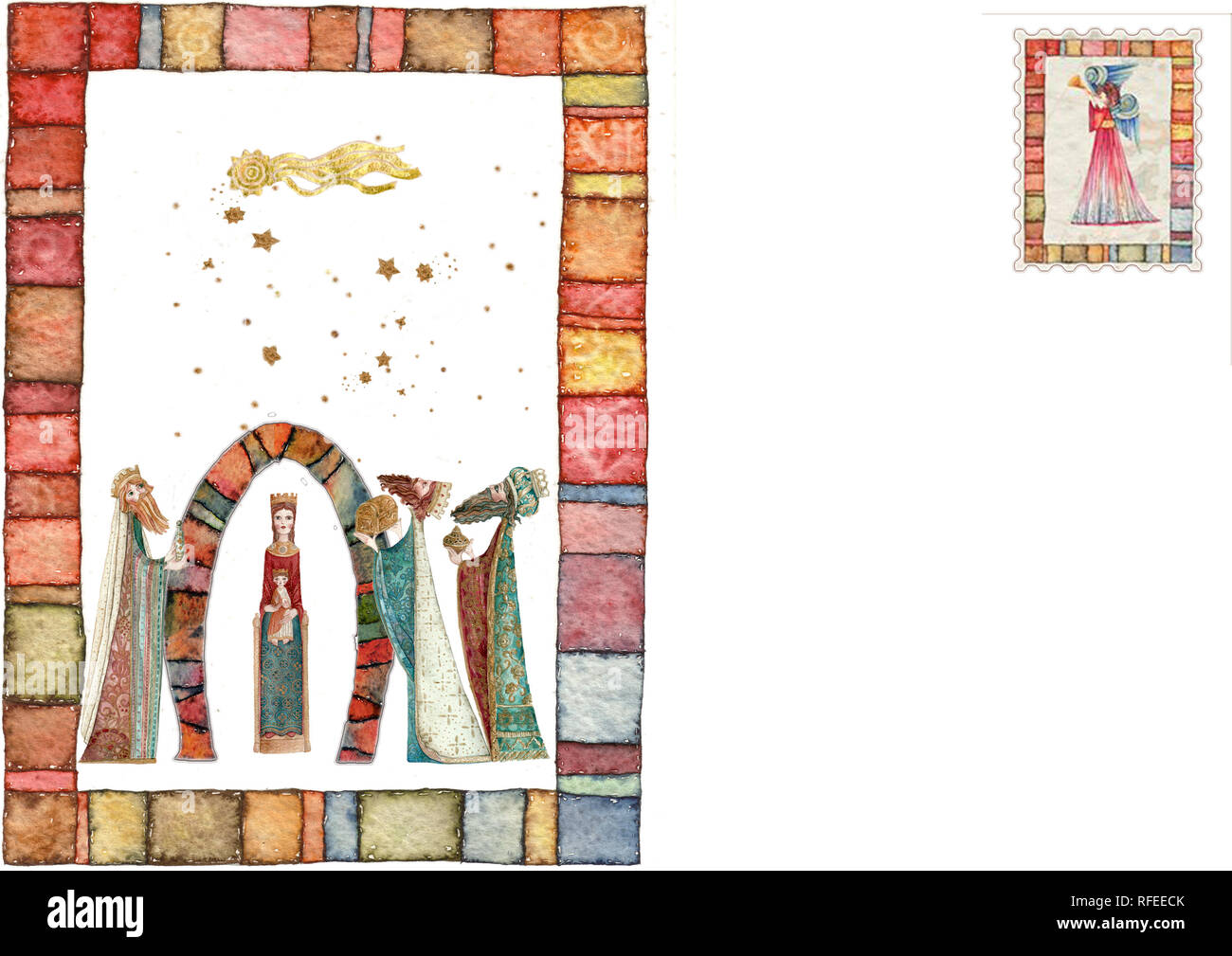 Hand drawn back postcard with Christmas nativity scene and Angel Stock ...