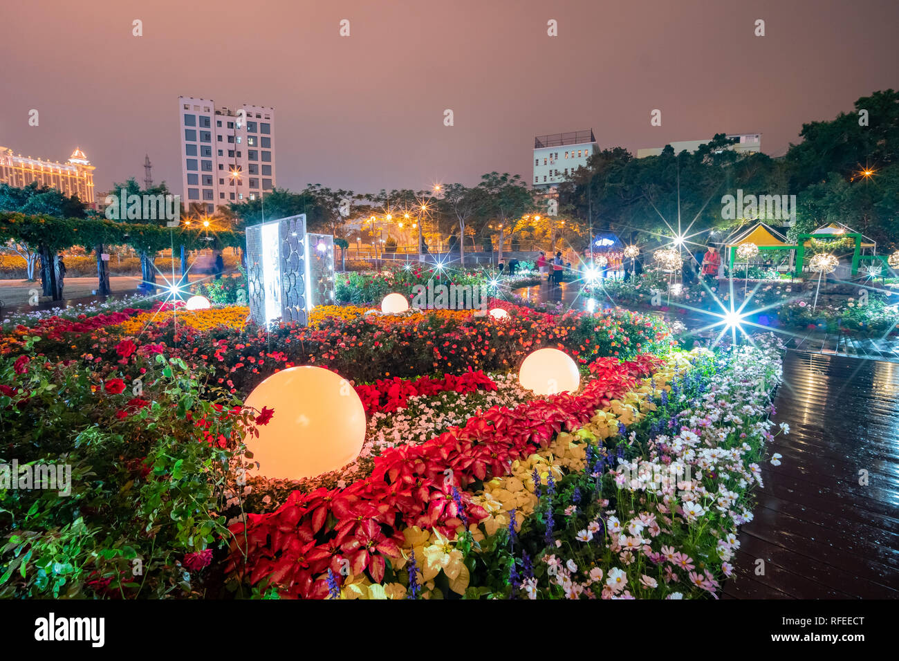 Macau, DEC 24: Night view of the famous Casas da Taipa with many ...