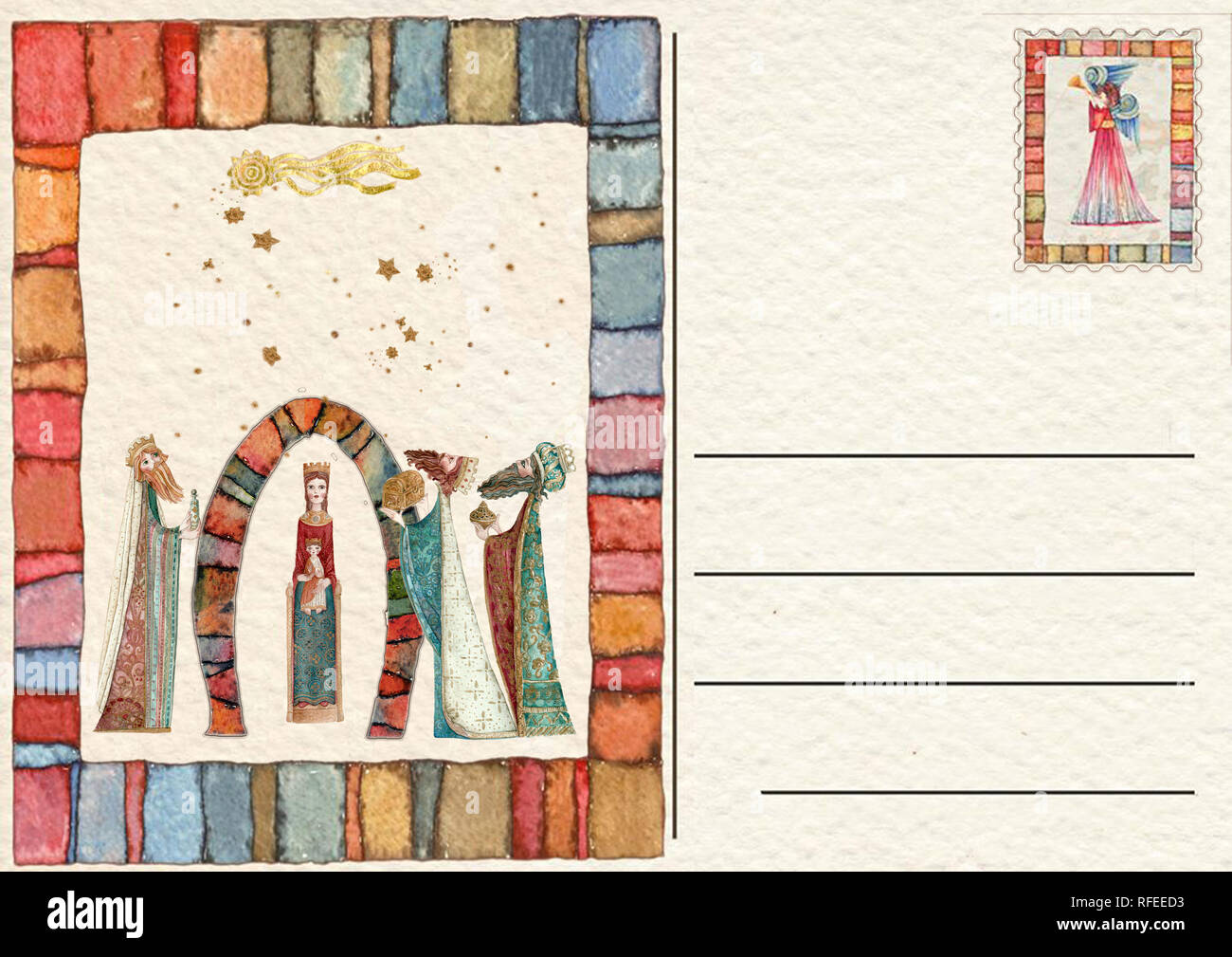 Hand drawn back postcard with Christmas nativity scene and Angel Stock ...