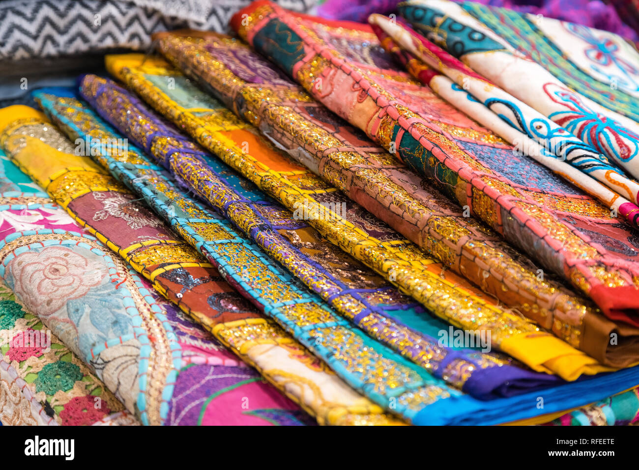 Fabric and textiles samples in a factory shop or store. Different ...