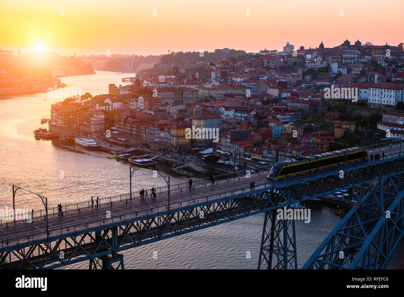 Bird's-eye view of Dom Luis I bridge and Douro river, Porto - Portugal ...