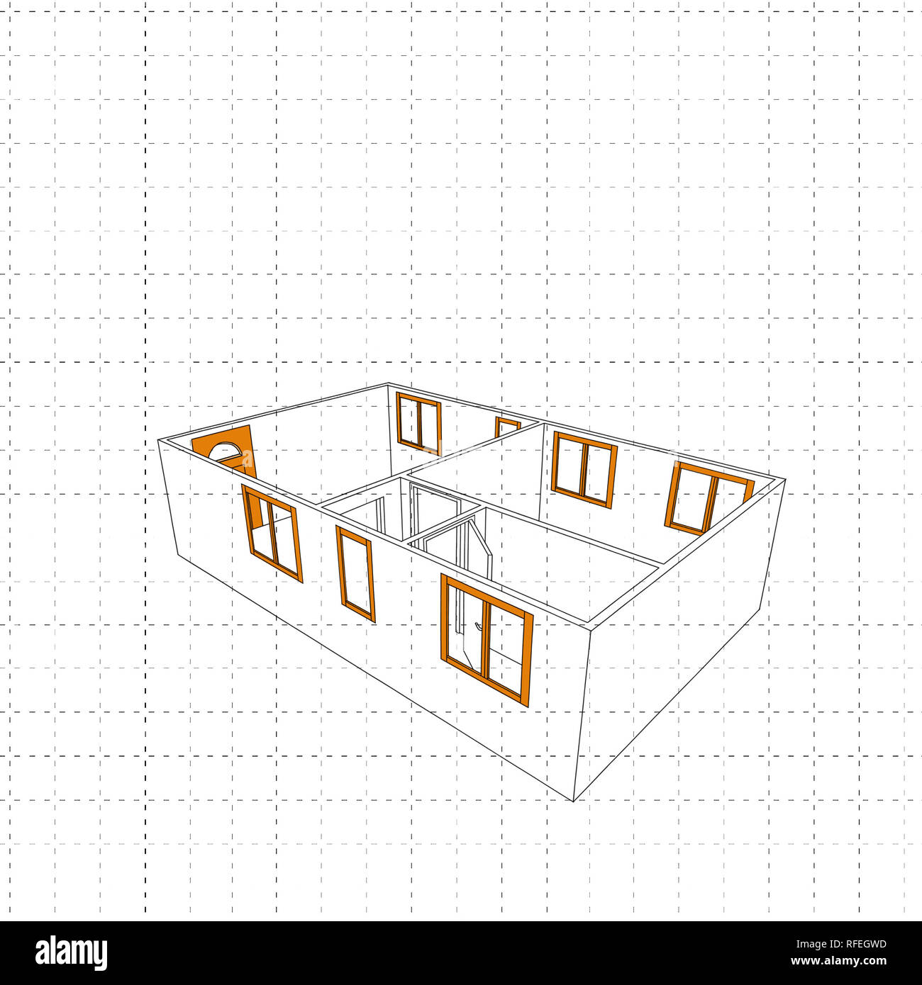 3d illustration sketch drawing of empty home apartment with orange ...