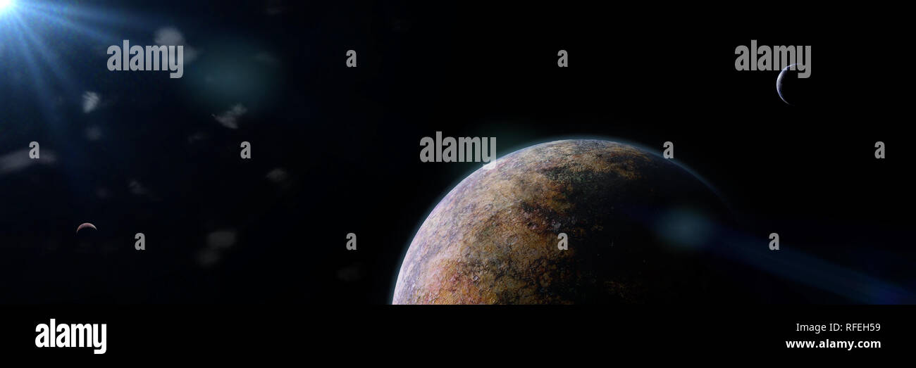 beautiful alien planet with moons lit by a bright star (3d render ...