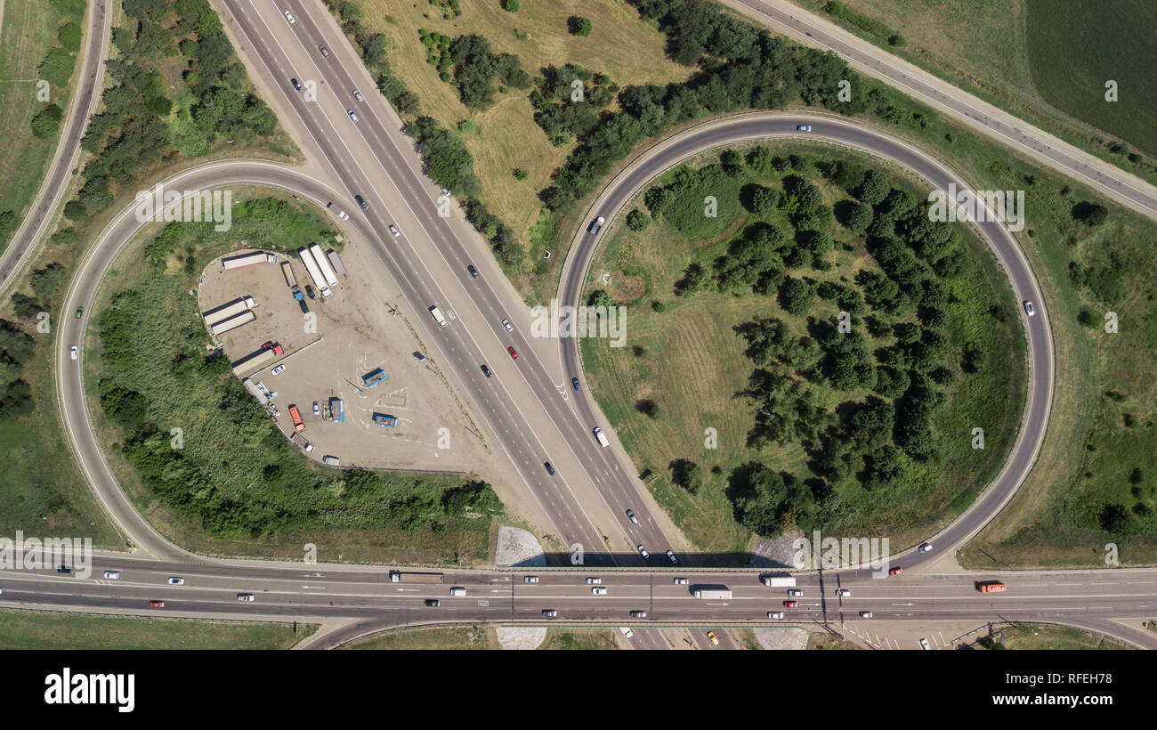 Aerial view roundabout interchange of a city, Expressway is an important infrastructure Stock ...