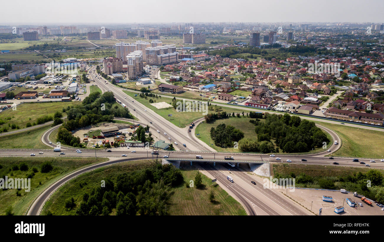 Aerial view roundabout interchange of a city, Expressway is an important infrastructure Stock ...