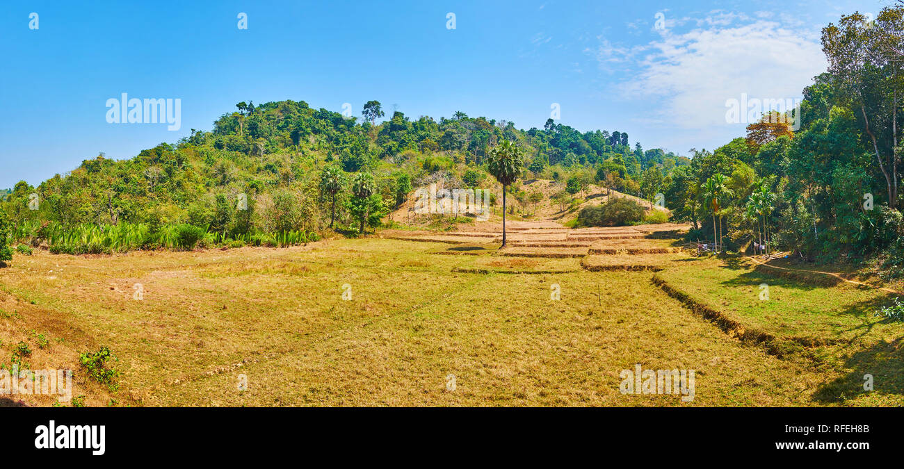 Panorama of the dry agricultural lands, surrounded by lush jungle ...