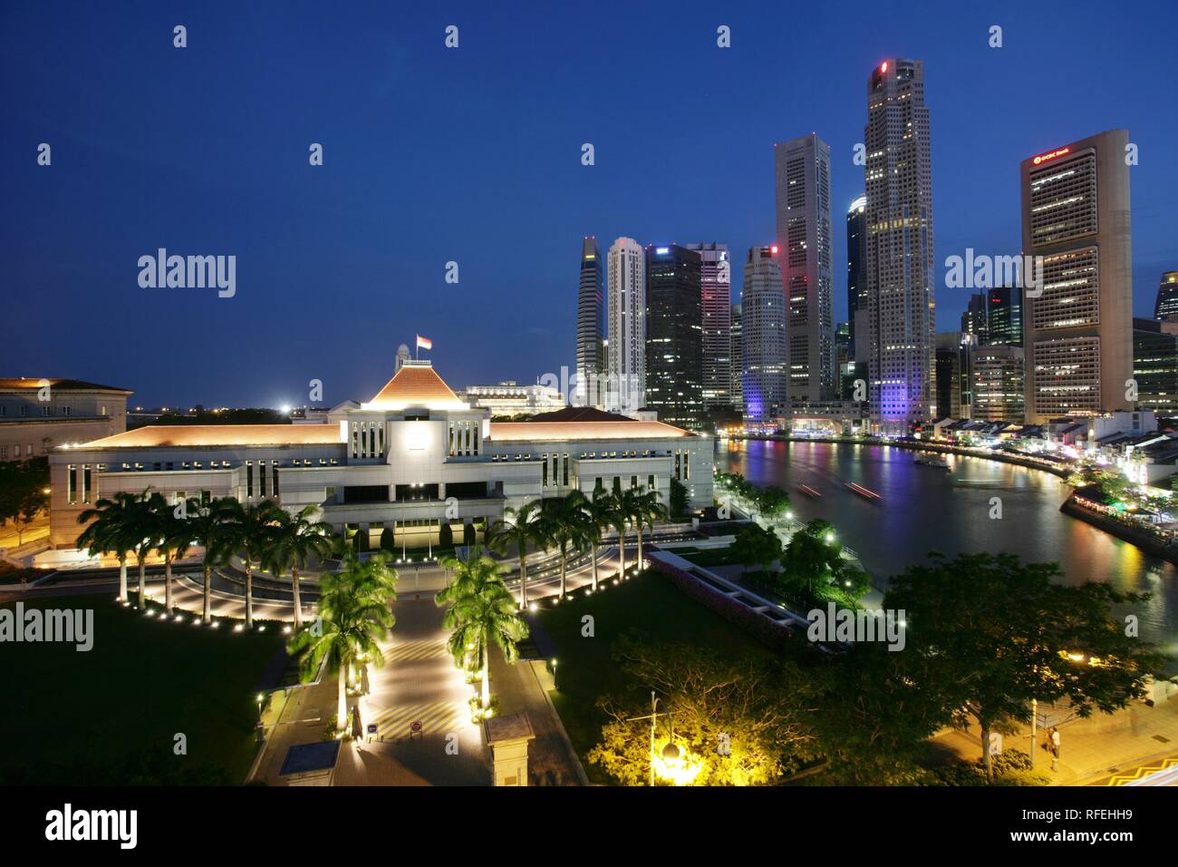 SGP, Singapore: City Skyline. Singapore River. Boat Quay. Parliament ...