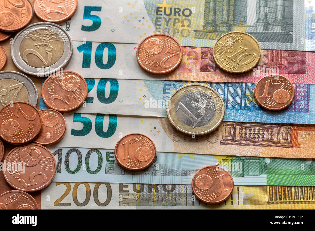 Neatly arranged stack of euro banknotes, currency bills worth ten ...