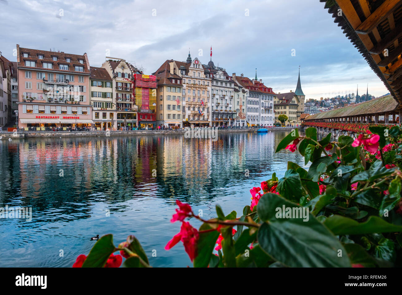 View from the Chapel Bridge of the historic city of Lucerne in autumn ...