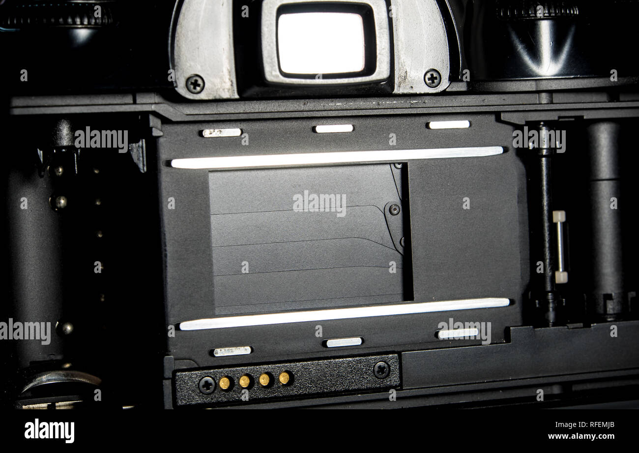 Back view of film system SLR camera body opened back lid to film ...