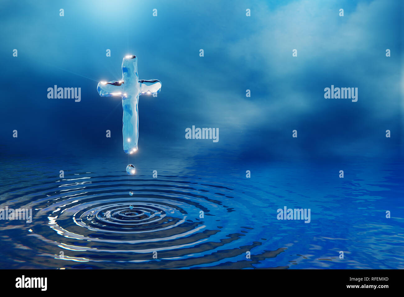 Christian holy water cross in blue clouds, miracle concept Stock Photo ...