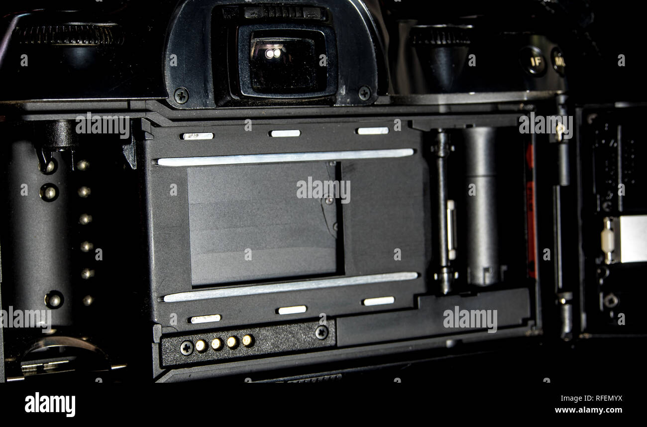 Back view of film system SLR camera body opened back lid to film ...