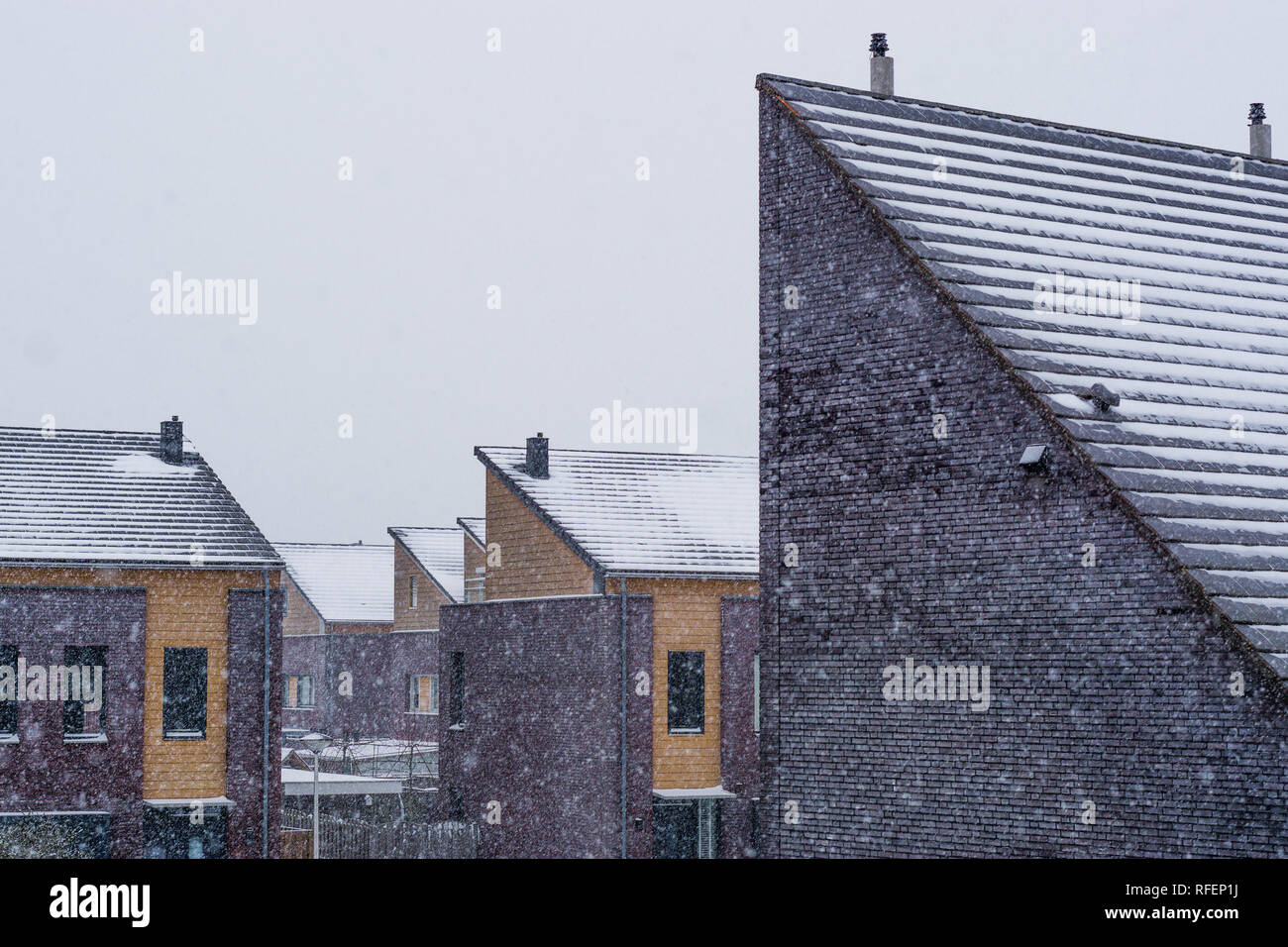 dutch modern rooftops covered in snow during snowy weather ...