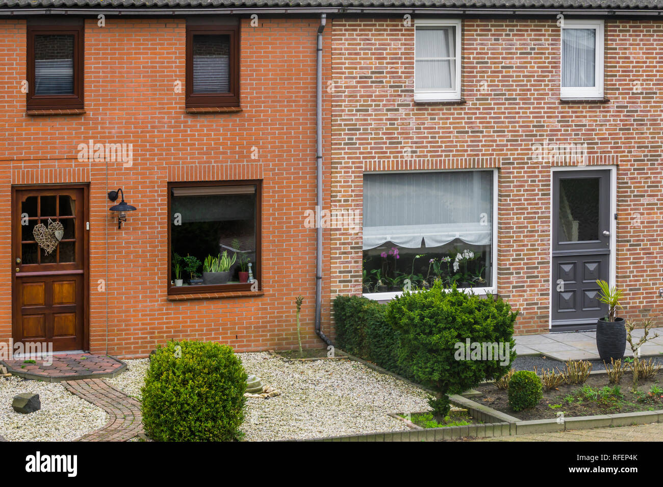 Modern dutch terraced house exterior with gardens, plants behind the ...