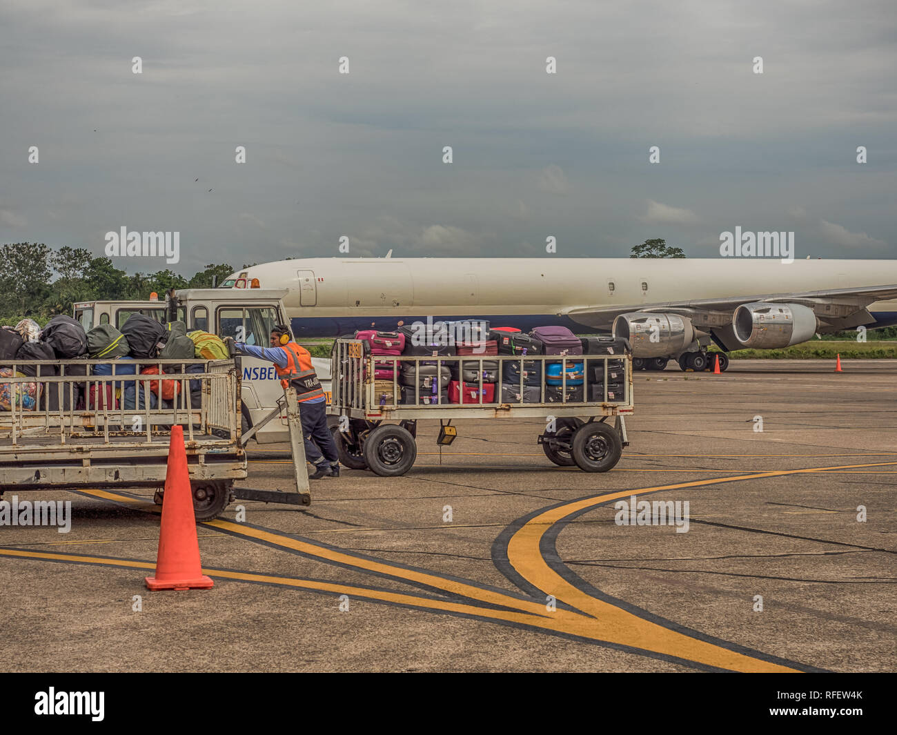 Iquitos, Peru - December 07, 2018: Luggage is waiting to be loaded onto ...
