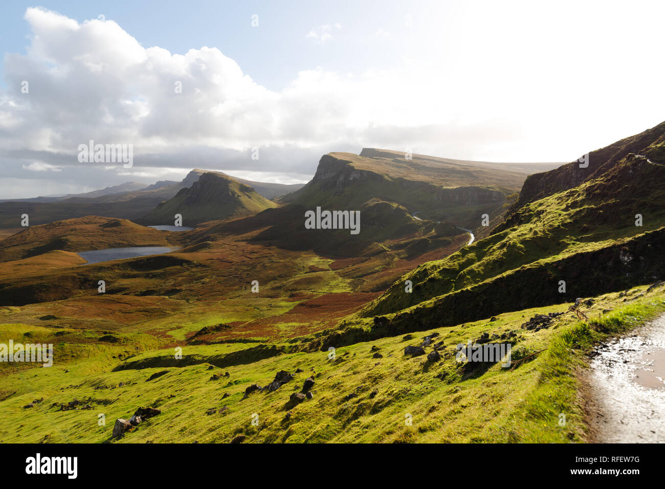 Hiking path at Quiraing with panorama view of Skye and its impressive ...