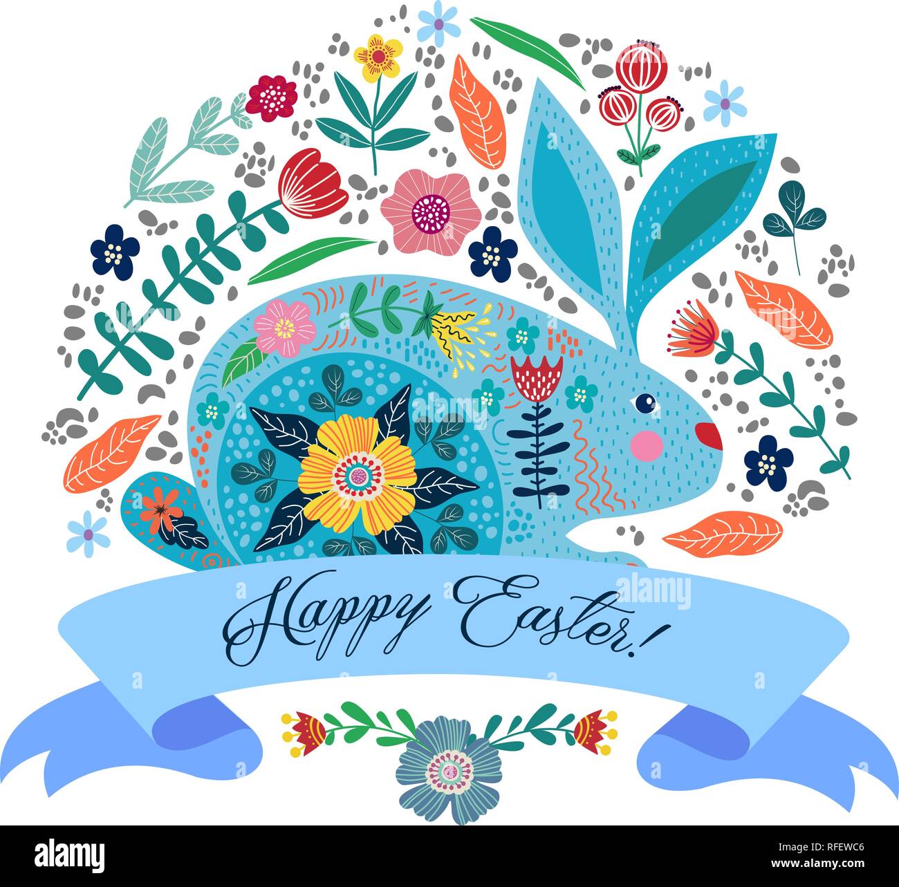 Happy Easter. Cartoon cute folk rabbit with flowers and ribbon with ...