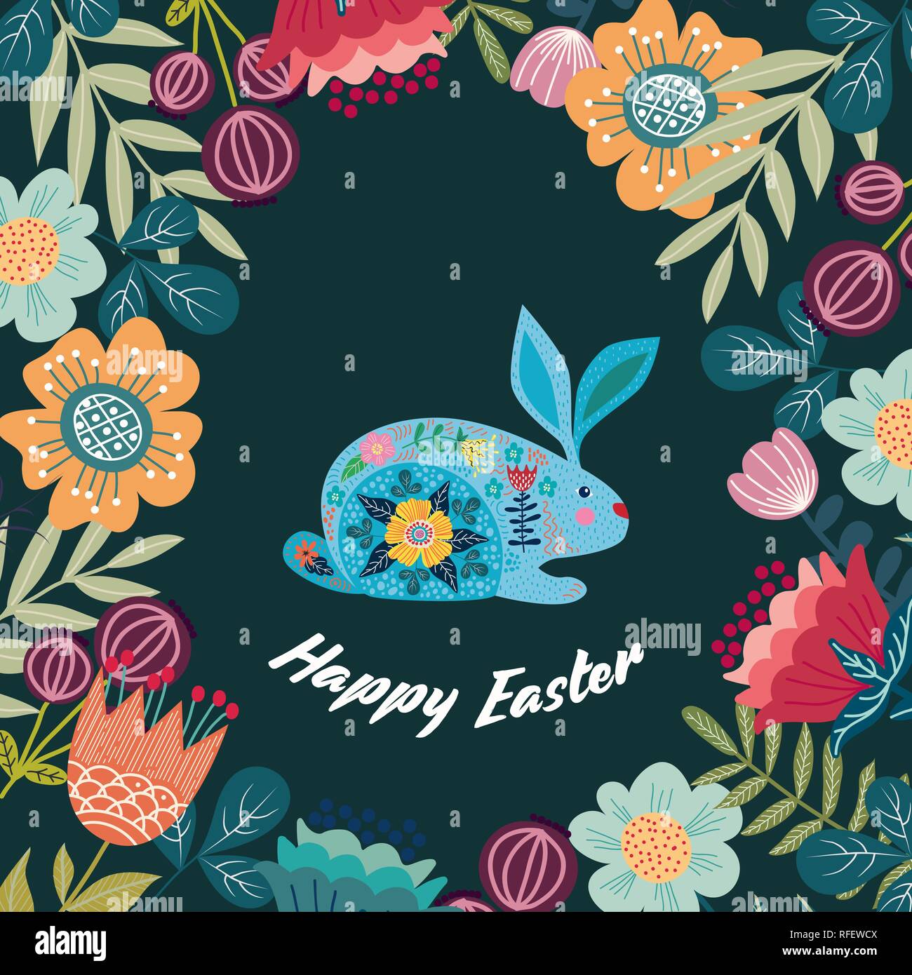 Happy Easter. Cartoon cute folk rabbit surrounded by flowers with text ...