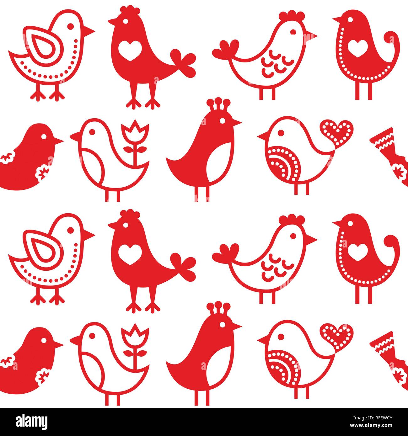 Folk art birds vector seamless pattern, Scandinavian repetitive ...
