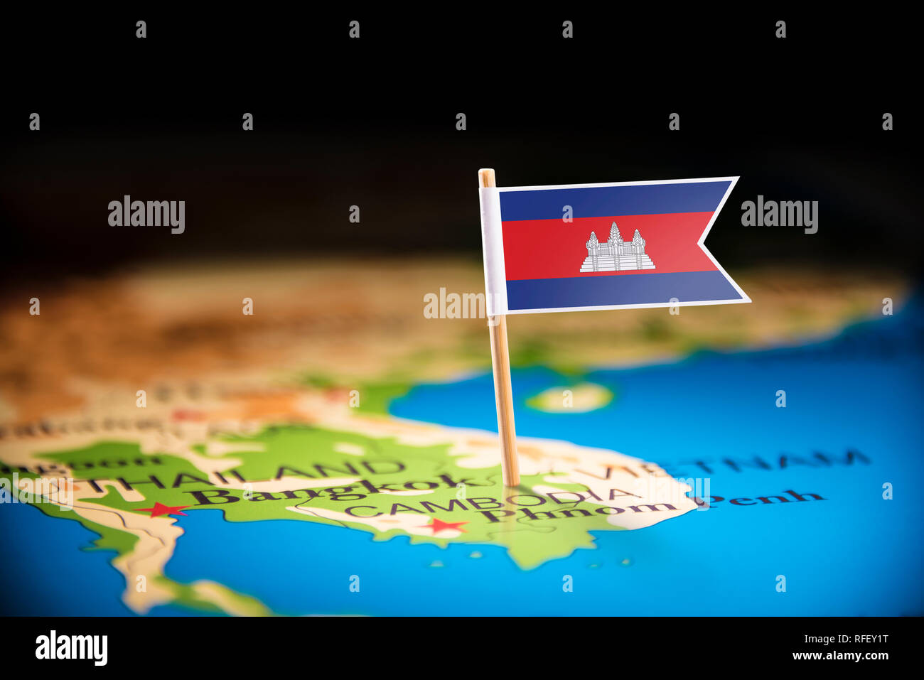 Cambodia marked with a flag on the map Stock Photo - Alamy
