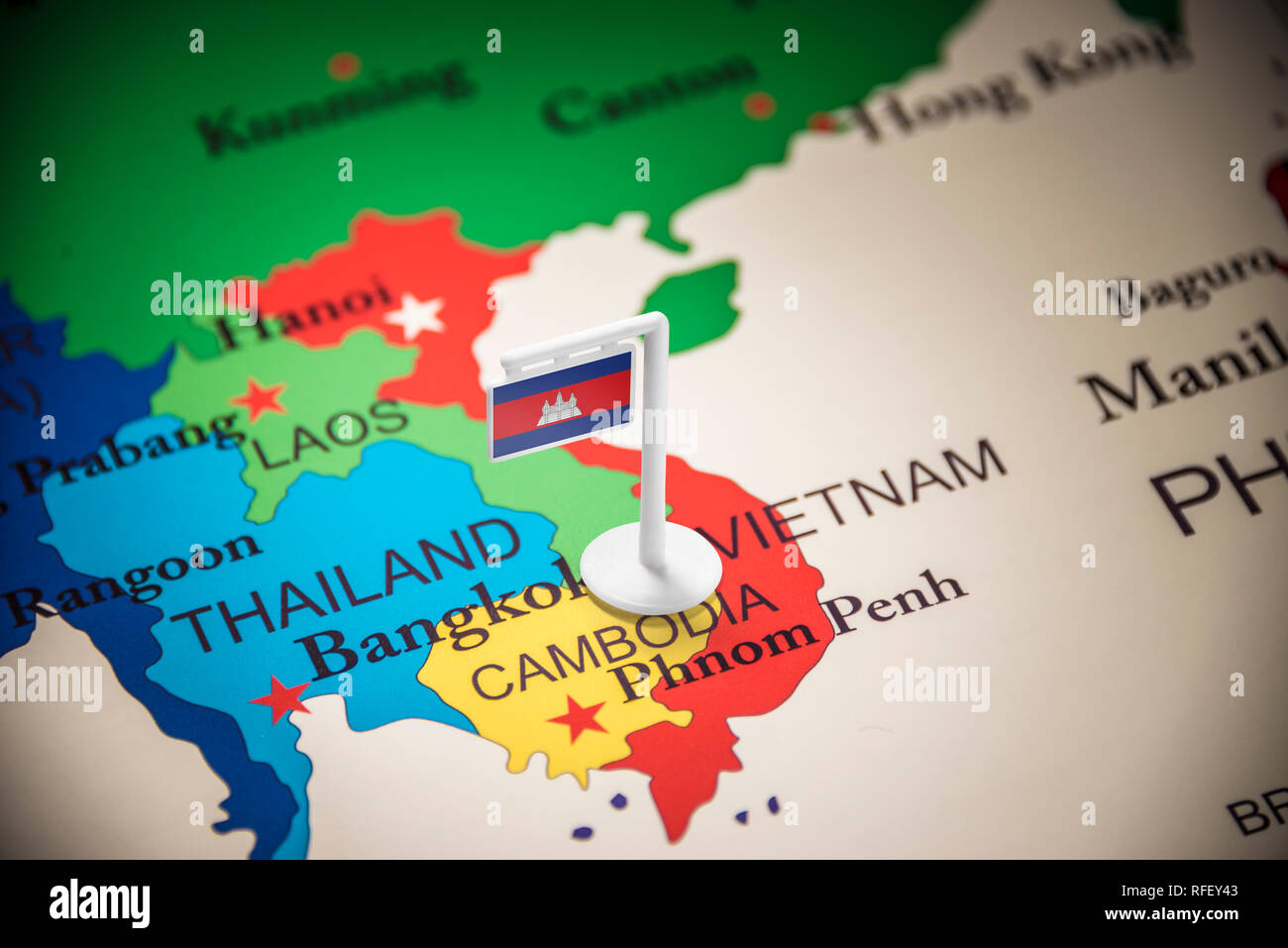 Cambodia marked with a flag on the map Stock Photo - Alamy