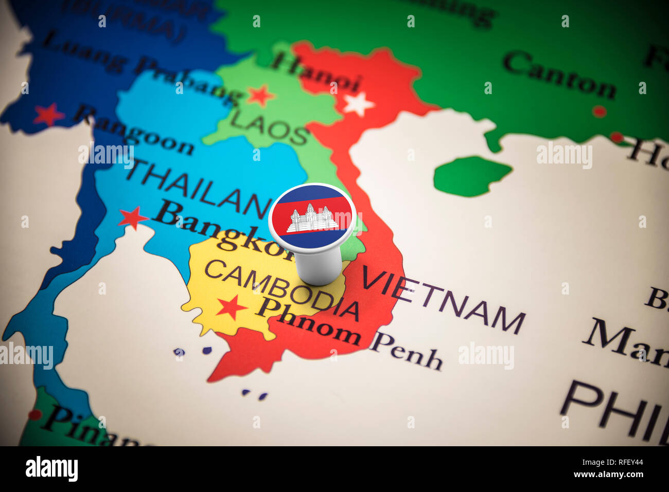 Cambodia marked with a flag on the map Stock Photo - Alamy